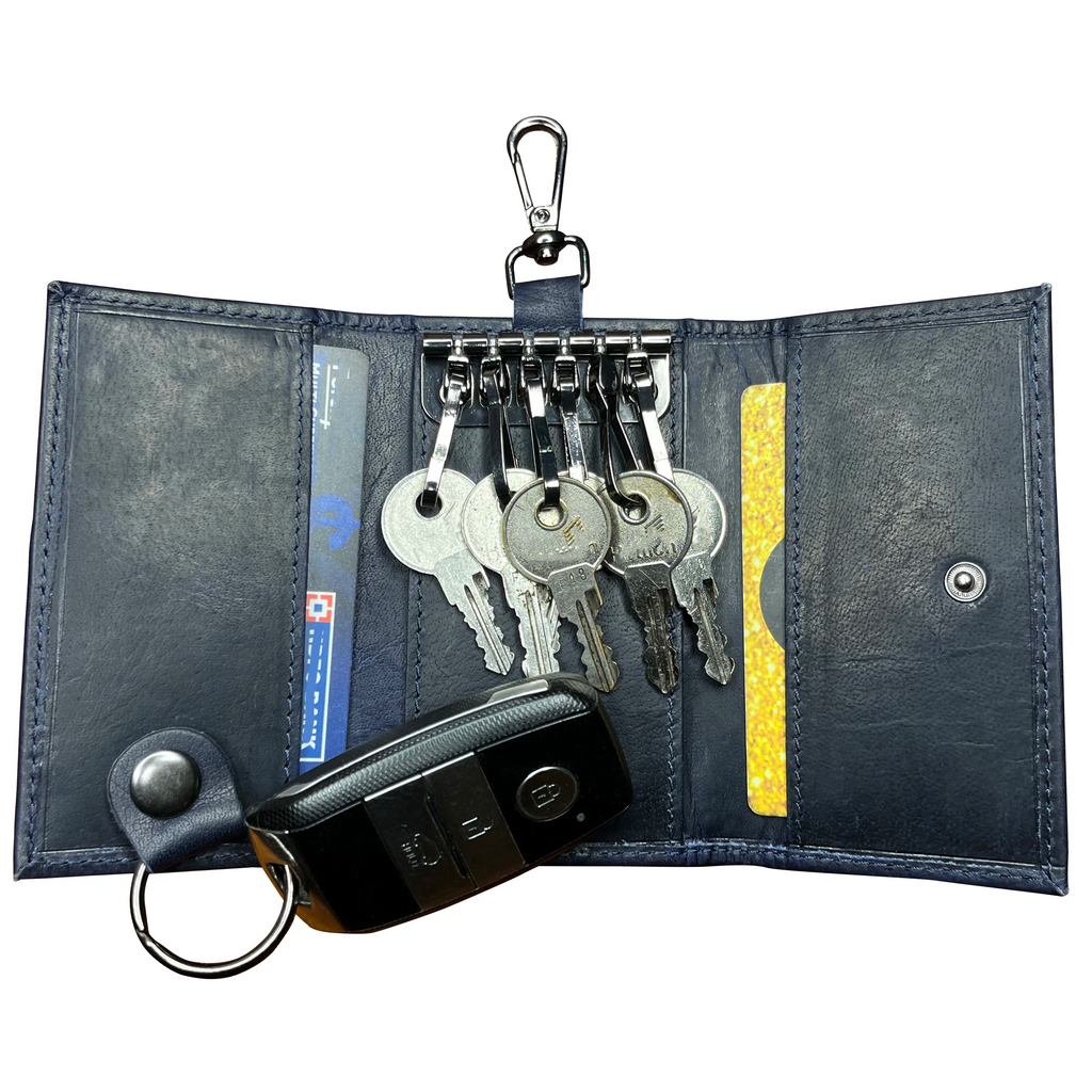 Premium Leather Key Holder | Slim FOB Keychain Wallet Blue